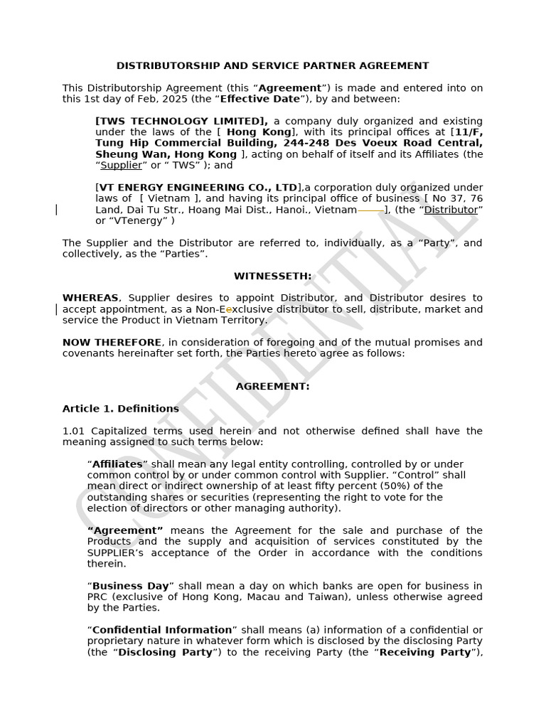 DISTRIBUTORSHIP AGREEMENT EN buysell mode- tws 20241216 (002) 补充2 | PDF ...