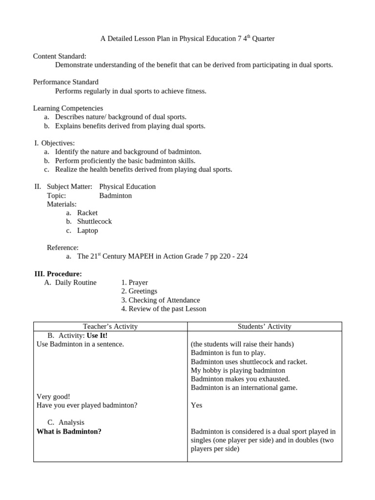 A Detailed Lesson Plan Badminton | PDF | Sports