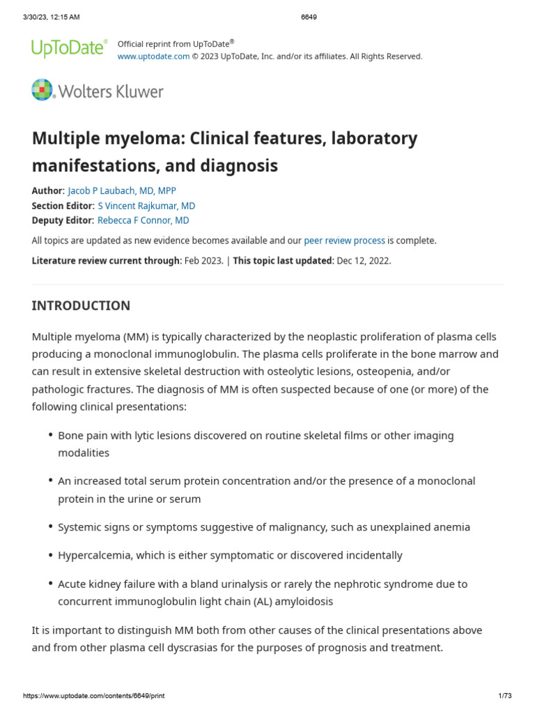 Multiple Myeloma: Clinical Features, Laboratory Manifestations, and ...
