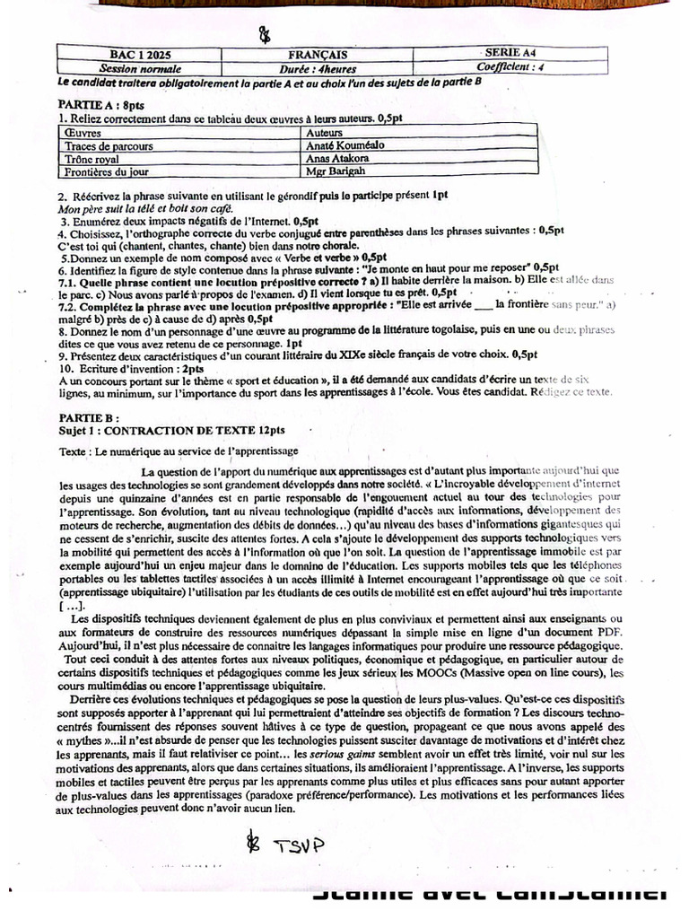 Bac1 Français 2025 | PDF