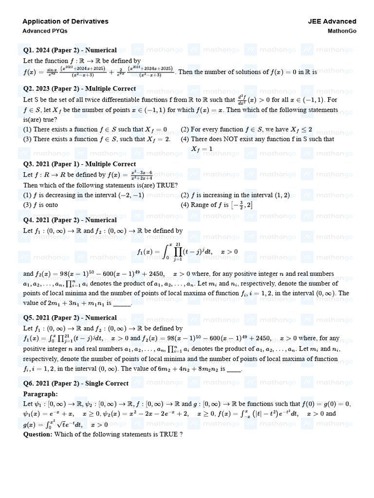 Application of Derivatives - Advanced PYQs | PDF | Function (Mathematics) | Ellipse