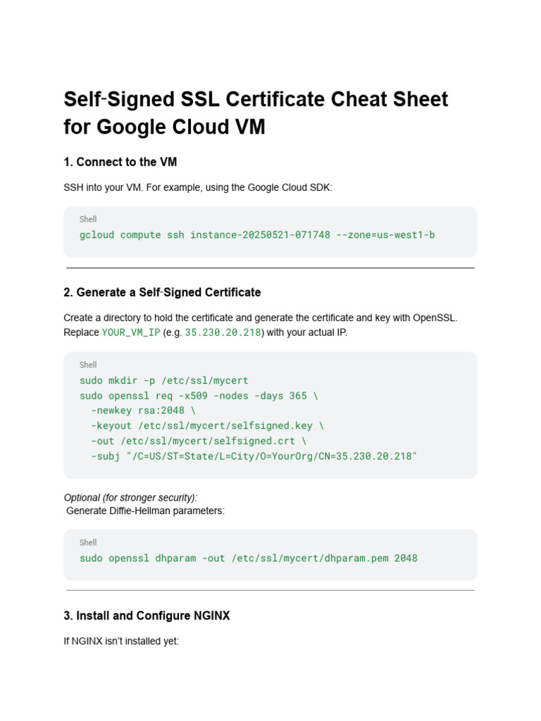 Self Signed SSL Certificate Cheat Sheet For Google Cloud VM | PDF ...