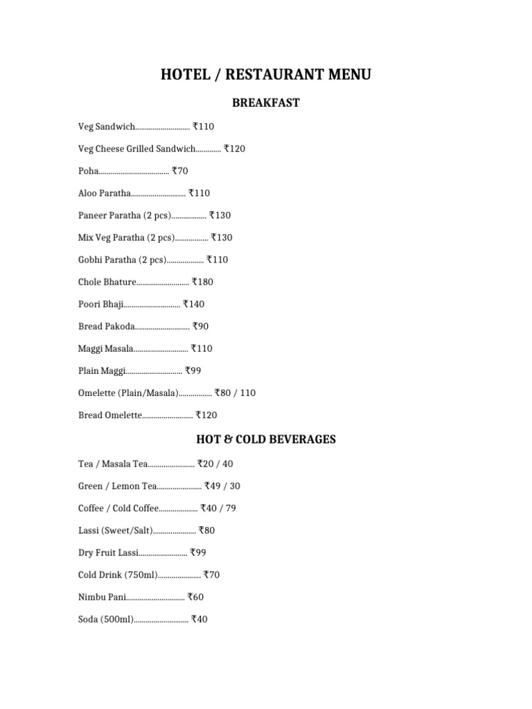 Hotel Restaurant Breakfast Menu | PDF