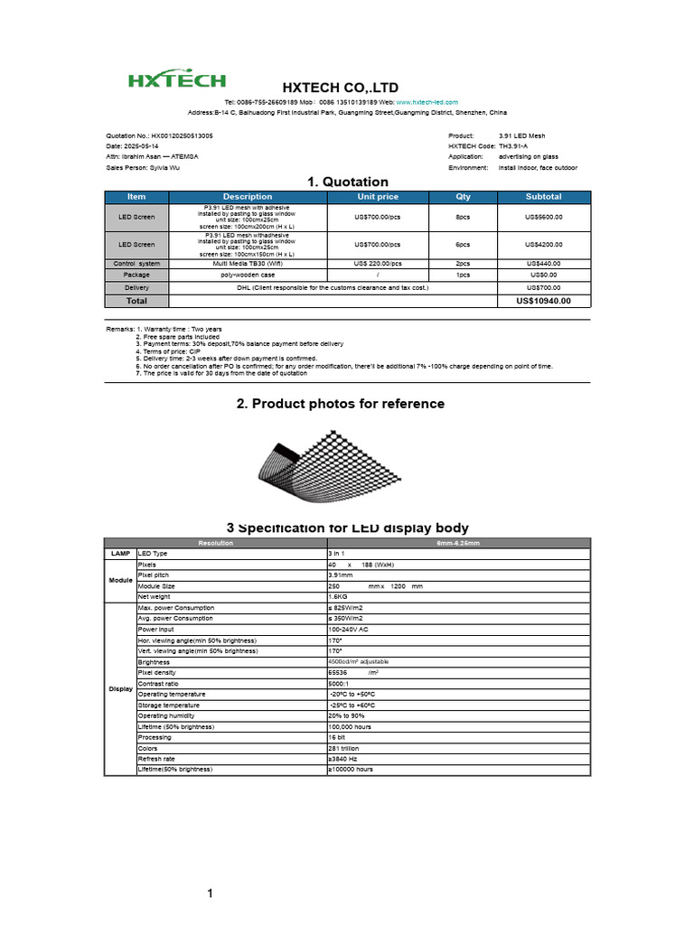HXTECH LED Mesh Quotation Details | PDF | Display Technology