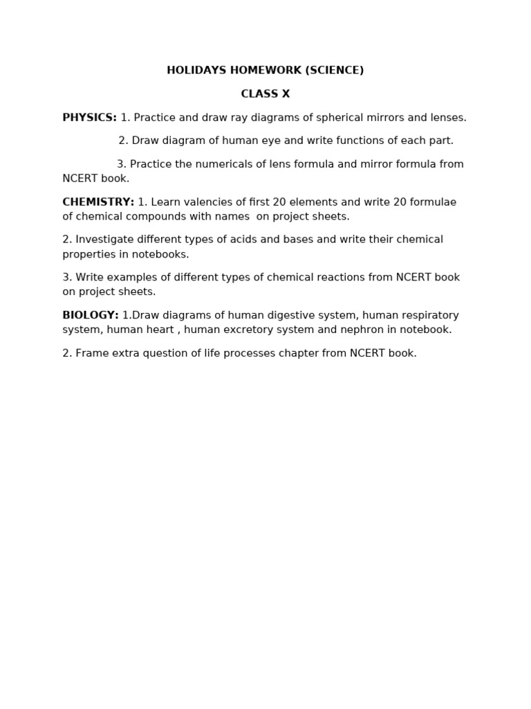 Class X Science Holiday Homework | PDF