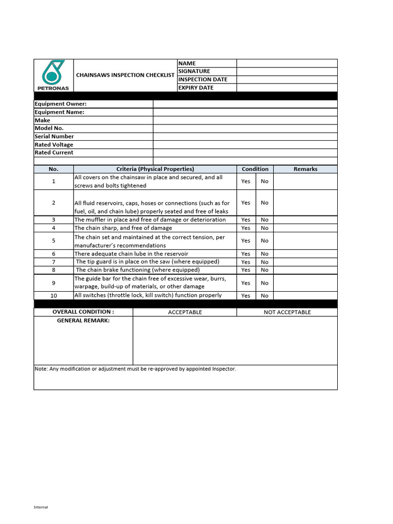 Chainsaw Inspection Checklist Template | PDF