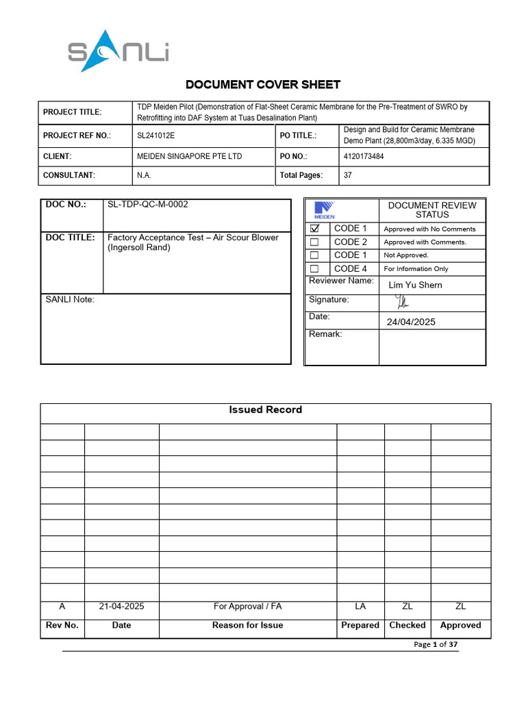 SL-TDP-QC-M-0002 - FAT Air Scour Report Ingersoll Rand - MSL Signed | PDF