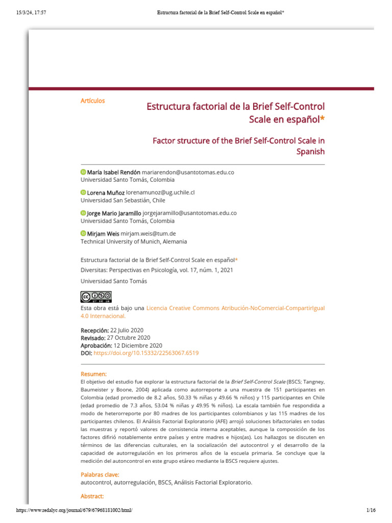 Estructura Factorial de La Brief Self-Control Scale en Español | PDF ...
