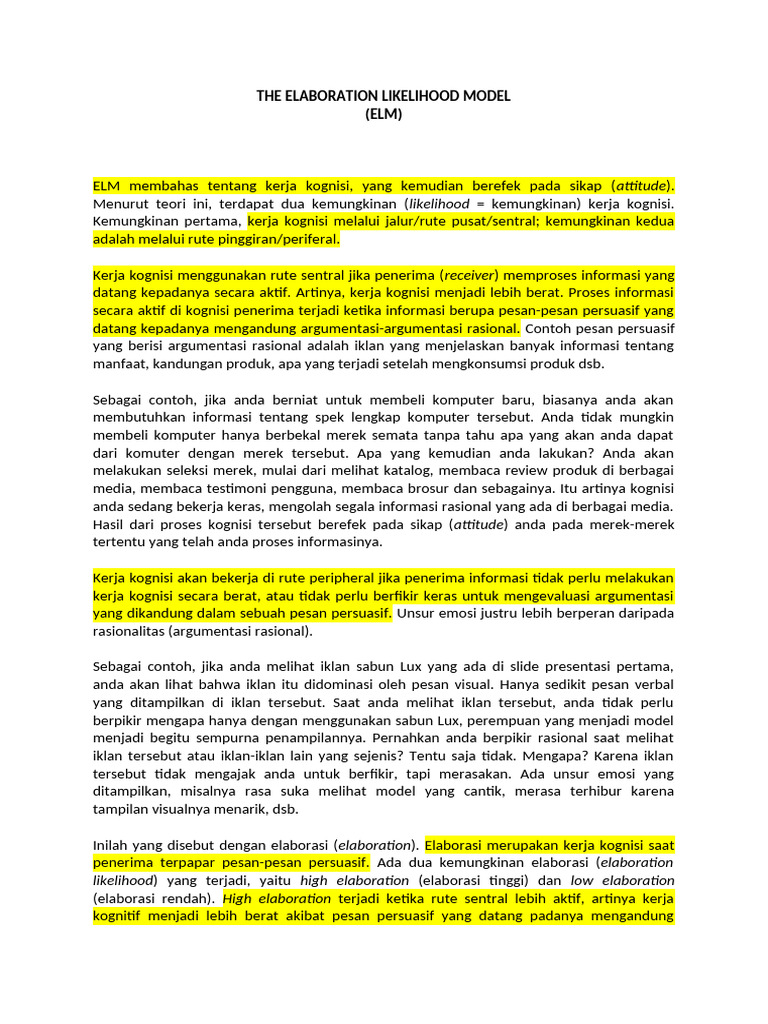 THE ELABORATION LIKELIHOOD MODEL | PDF