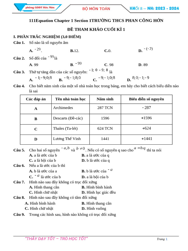 De Tham Khao CK1 - Toan 6 - Phan Công H N. - NH23.24 - Cô Du | PDF