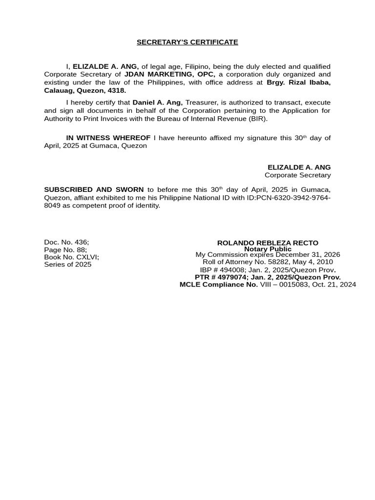 Secretary Certificate Elizalde Ang | PDF