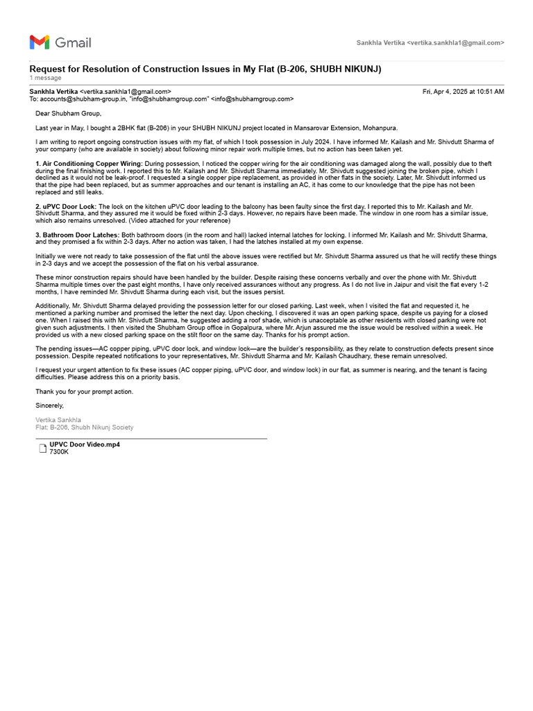 Request For Resolution of Construction Issues in My Flat (B-206, SHUBH NIKUNJ) | PDF