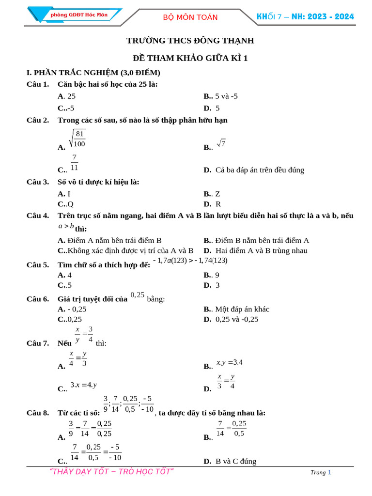 De Tham Khao GK1 - Toan 7 - Truong THCS Đông TH NH - NH23.24 - Anh Tú | PDF