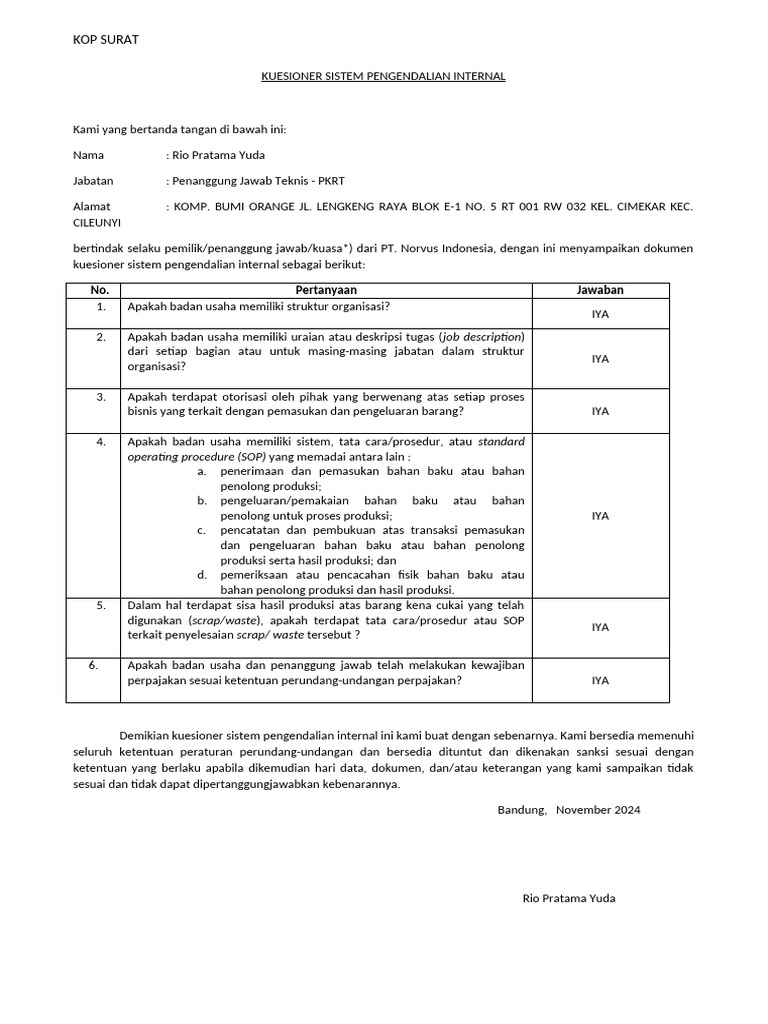 Kuesioner SPI - Form Cukai | PDF