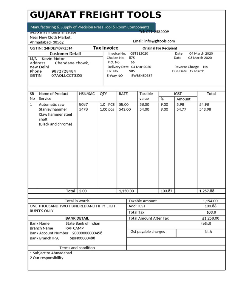 Gujarat Freight Tools Invoice Details | PDF