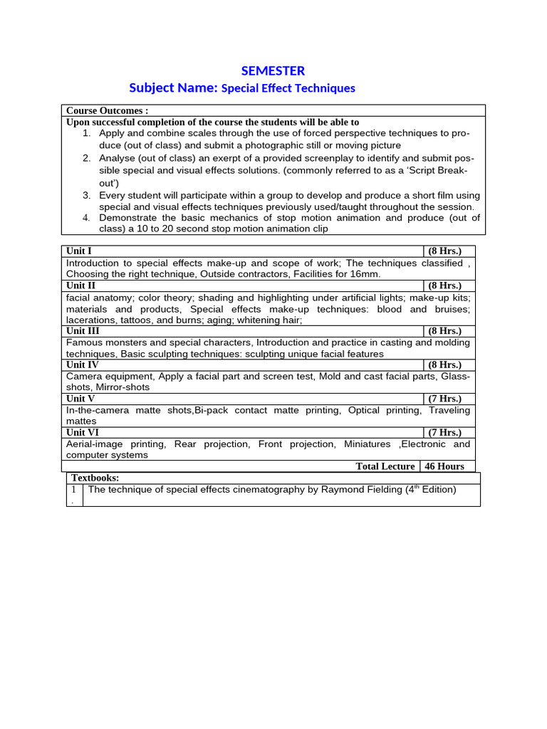 Syllabus Special effect techniques | PDF