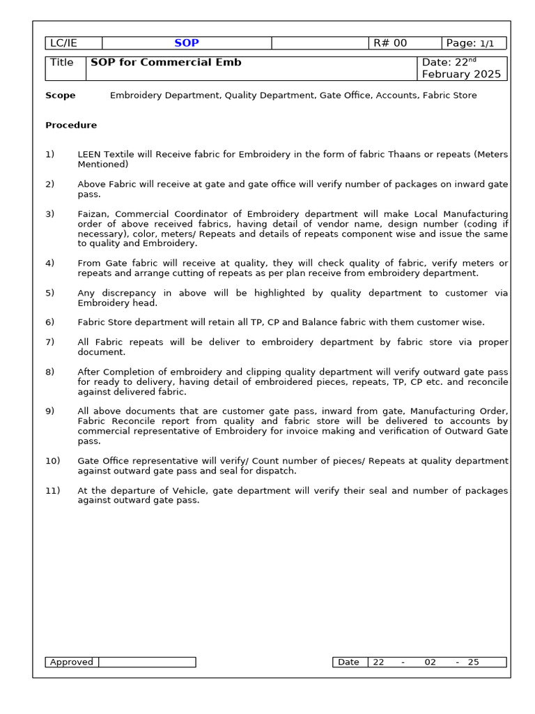 SOP For Commercial Embroidery | PDF