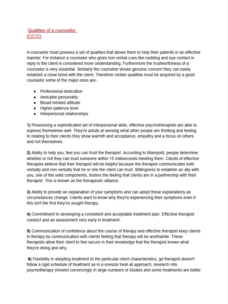 Qualities of Counselor | PDF | Counseling Psychology | Psychotherapy