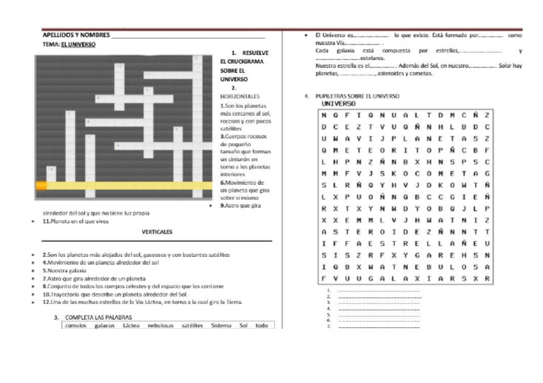 Crucigrama y Sopas de Letras Universo | PDF