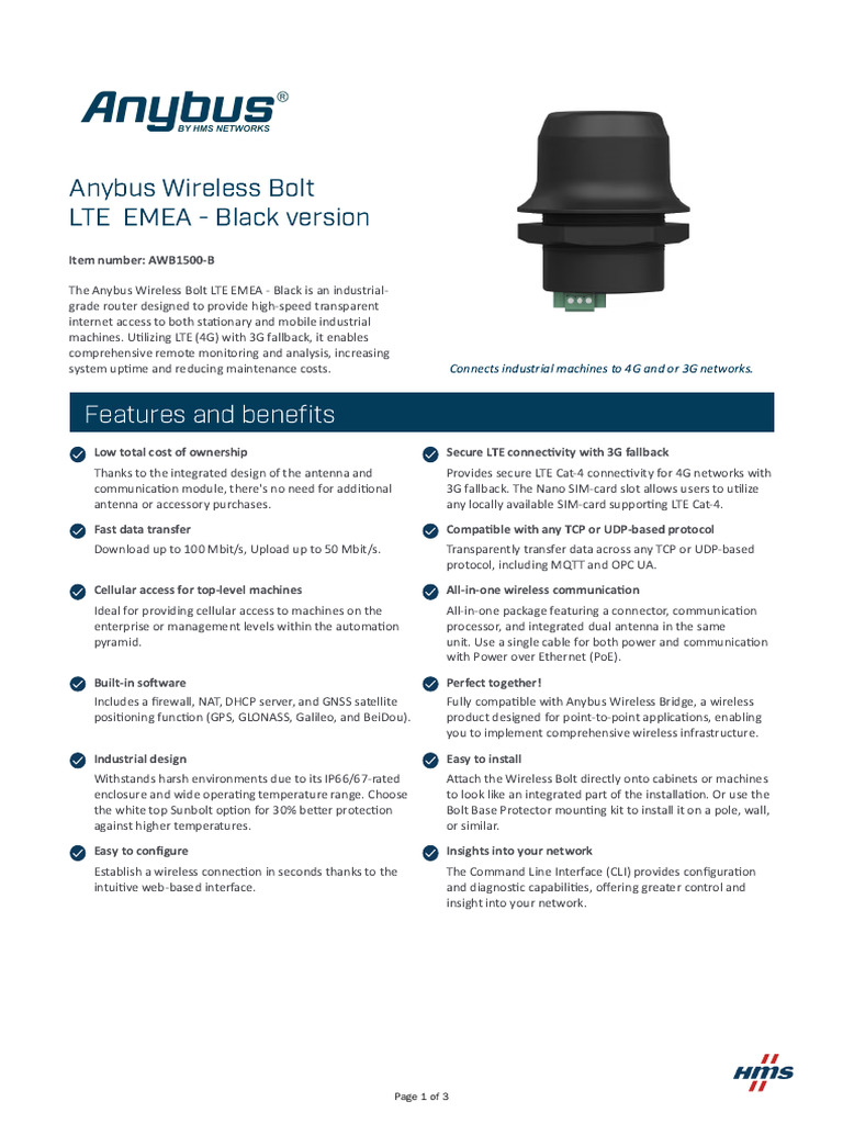 Hms AWB1500 B en Anybus Wireless Bolt LTE EMEA - Black Version | PDF | 4 G | Computer Network