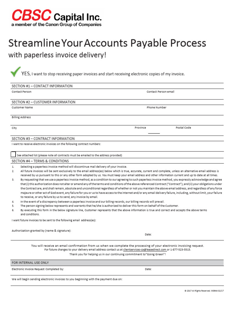M0944 Paperless Billing 0317 FILLABLE Canon | PDF | Invoice | Accounts ...