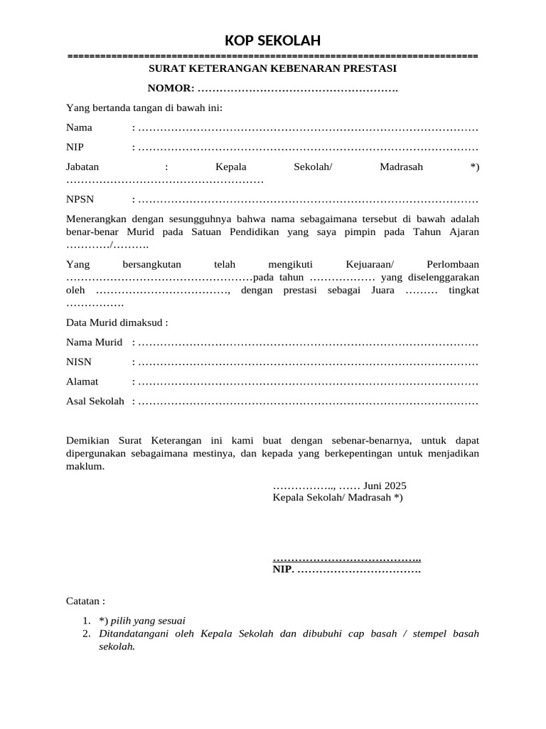 Surat Keterangan Kebenaran Prestasi | PDF