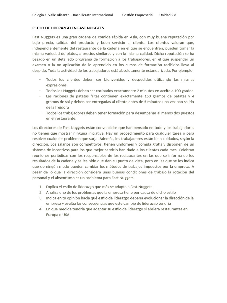 Estilo de Liderazgo en Fast Nuggets | PDF | Liderazgo | Business