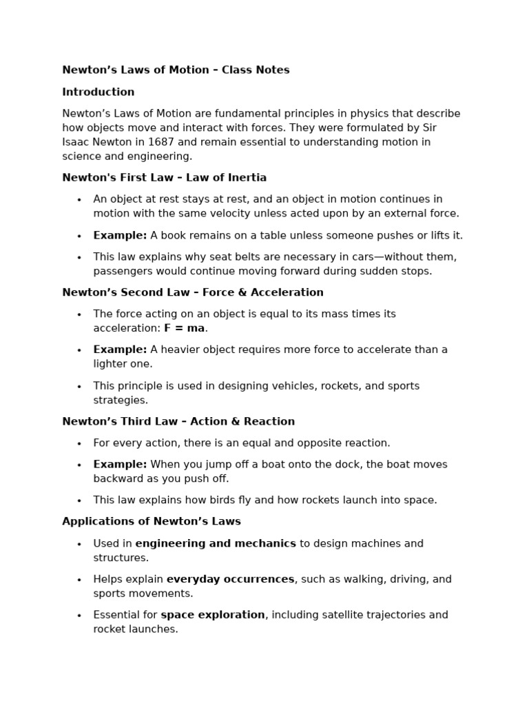Newton's Laws of Motion - Class Notes | PDF