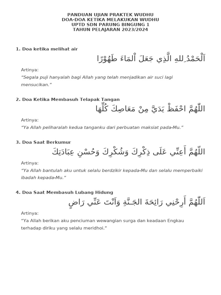 PANDUAN UJIAN PRAKTEK WUDHU SD KLS 6 | PDF