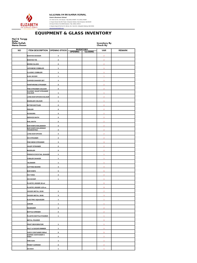 Elizabeth International Inventory Report | PDF | Drink | Fermented Drinks