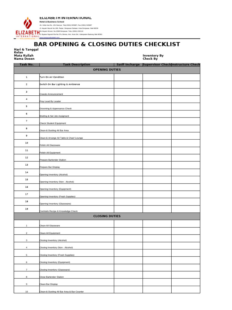 Fbs Bar Opening & Closing Checklist | PDF