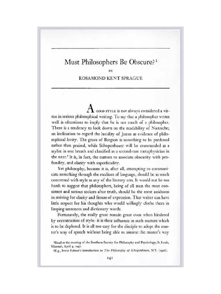 Sprague Must Philosophers Be Obscure | PDF