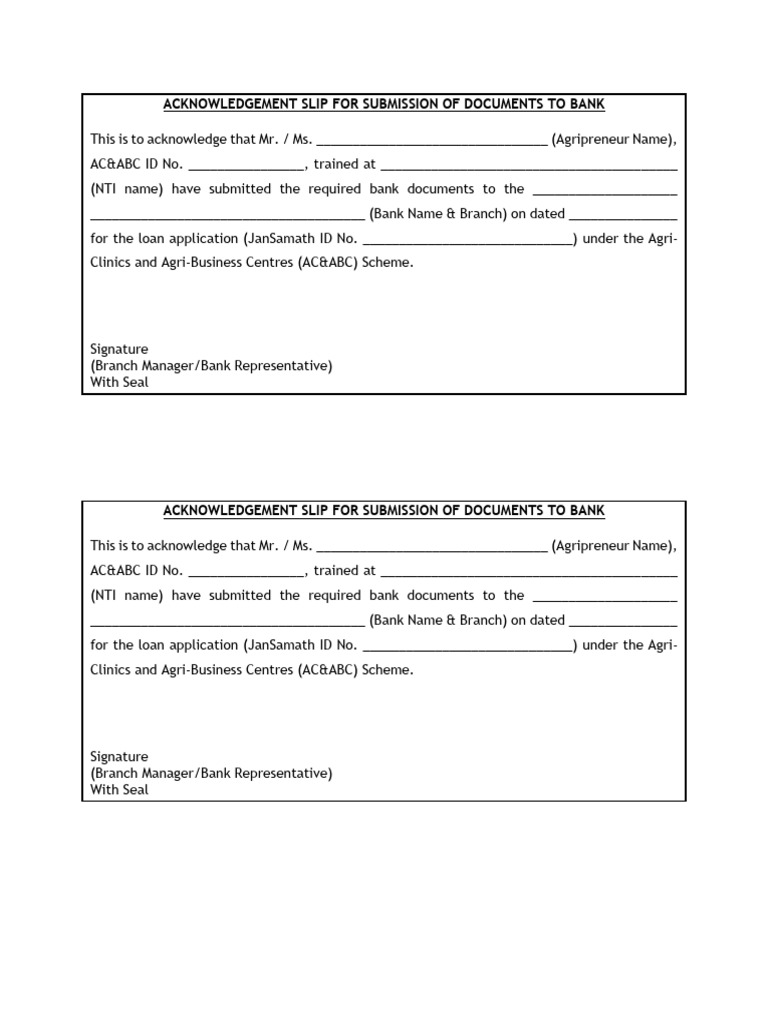 Acknowledgement Slip For Submission of Documents To Bank | PDF