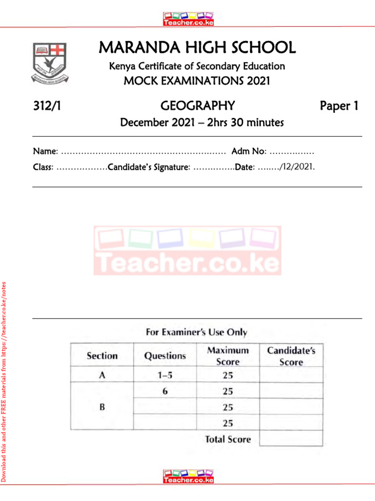 2022 Maranda Mock 312 GEOGRAPHY P1 QS Teacher - Co - .Ke | PDF | Glacier | Cave