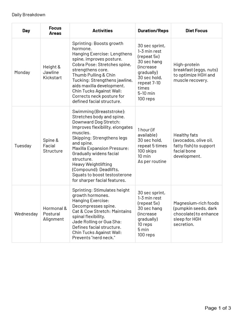 Day Focus Areas Activities Duration/Reps Diet Focus: Page 1 of 3 | PDF ...
