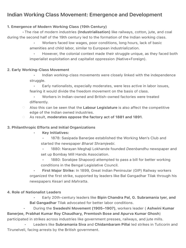 Indian Working Class Movement - Emergence and Development | PDF ...