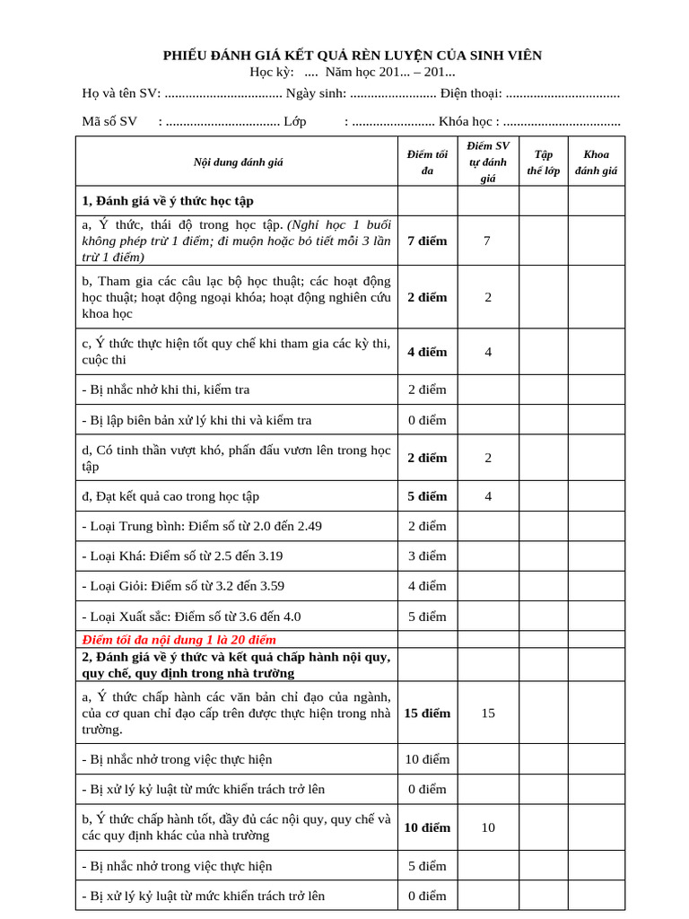 Phieu Danh Gia Ren Luyen | PDF