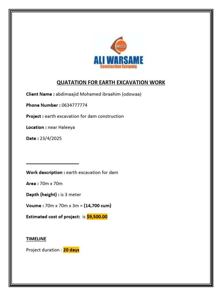 Excavation Work Quotation for Dam | PDF