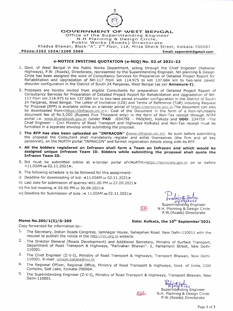 E-Notice Inviting Quotation No. 02 of 2021-22 - NH-117 | PDF