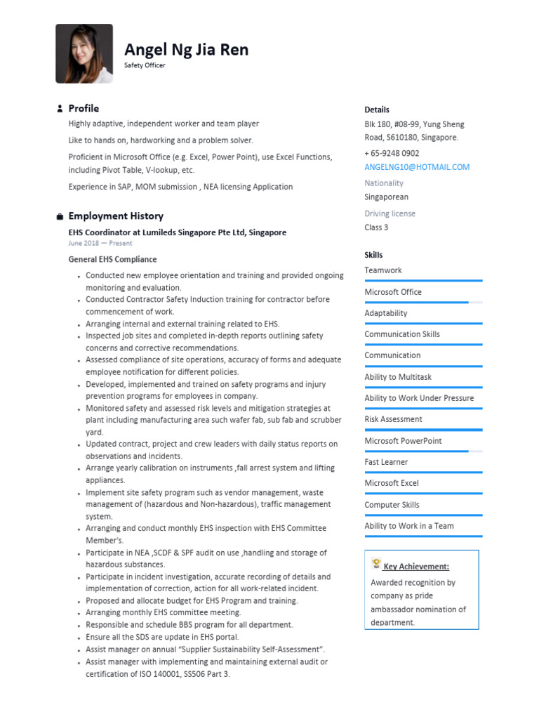 Resume - Angel NG Jia Ren 2021 - Rev 1 2 | PDF | Occupational Hygiene ...