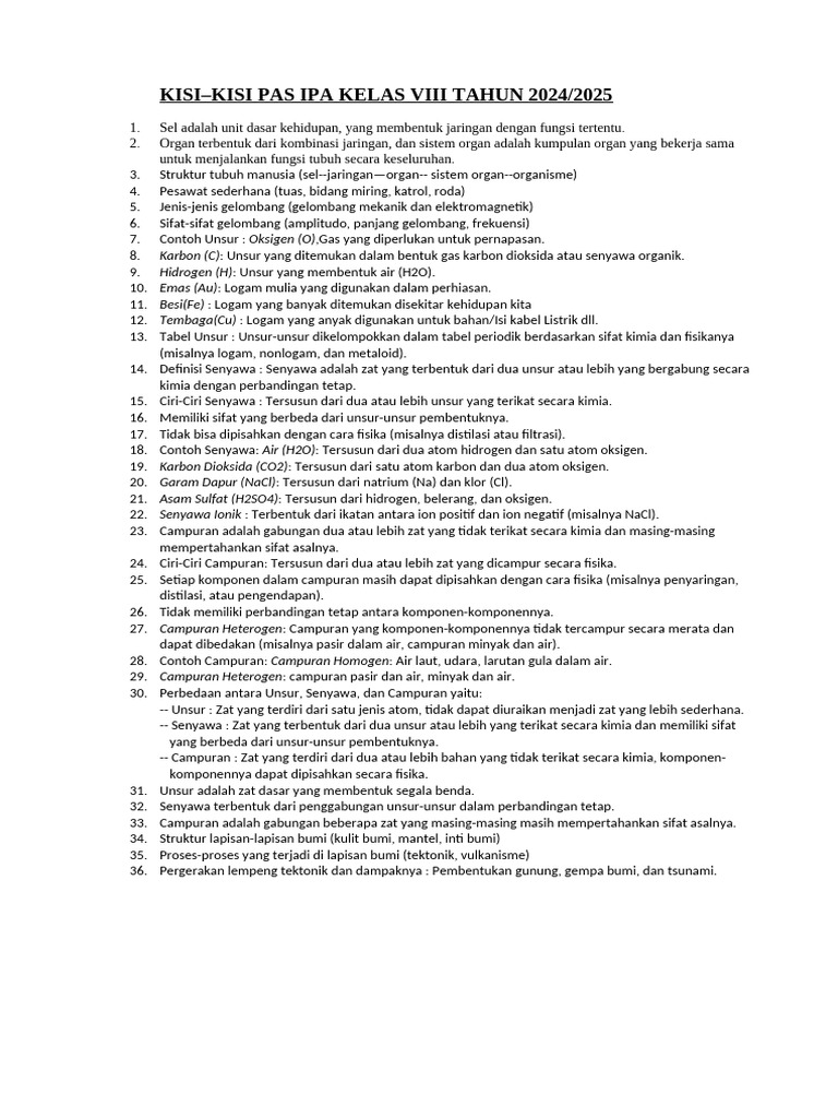 KISI KISI PAS GENAP IPA KELAS 8 TAHUN 2024-2025 (AutoRecovered) | PDF