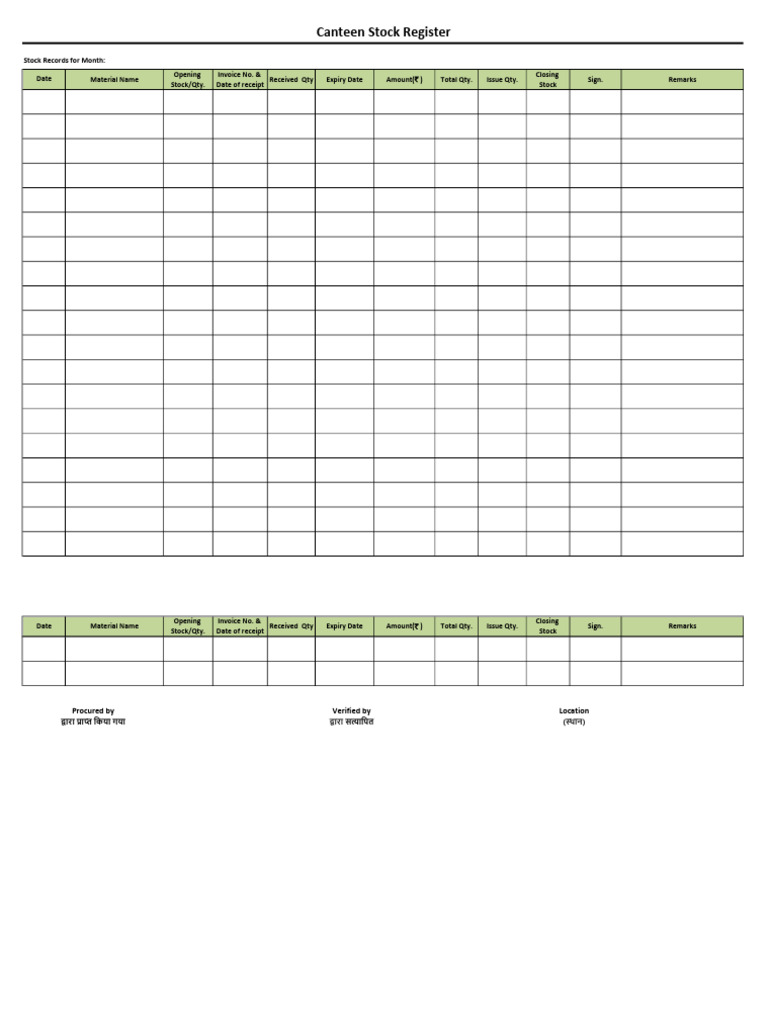 Canteen Stock Register Template | PDF