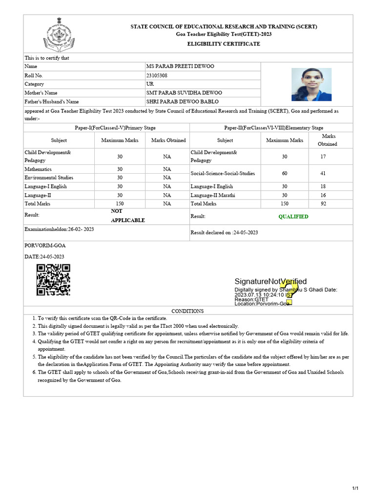 GTET 2023 Eligibility Certificate for Preeti Dewoo | PDF