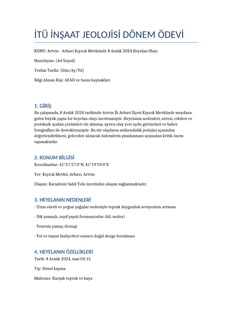Uzatilmis Arhavi Heyelan Odevi | PDF