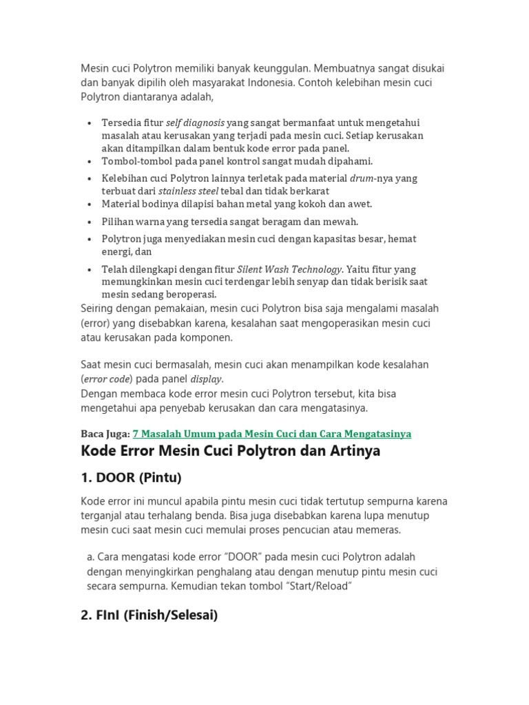 Arti Kode Error Dan Cara Reset Mesin Cuci Polytron | PDF