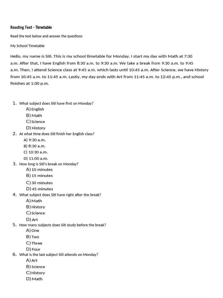 Siti's Monday School Timetable Overview | PDF | Science