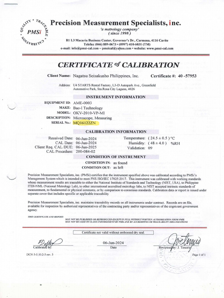 Calibration Certificate (VMM) | PDF