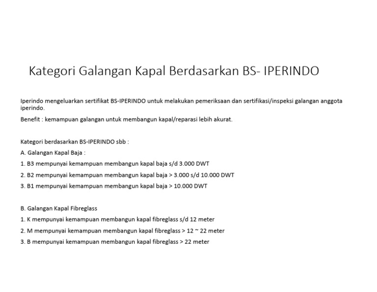 Kategori Galangan Kapal Berdasarkan BS - IPERINDO | PDF