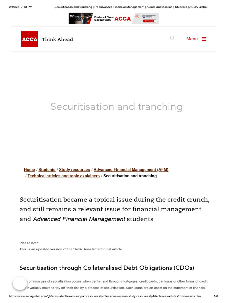 Securitisation and Tranching P4 Advanced Financial Management ACCA | PDF | Collateralized Debt ...
