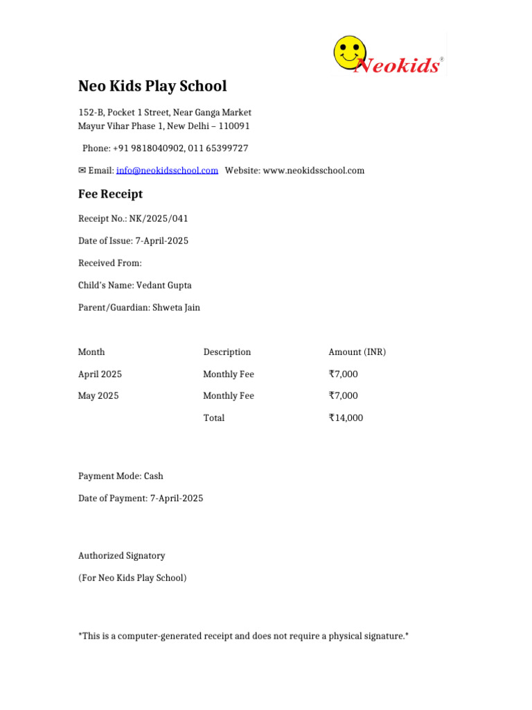 Neo Kids Fee Receipt April May 2025 | PDF